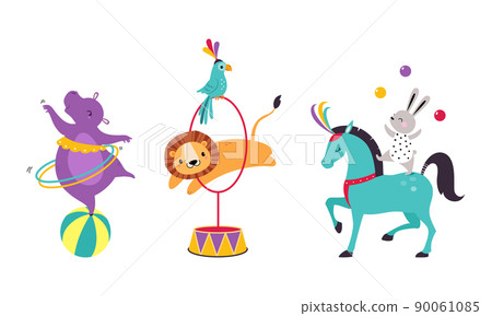 Circus Hippo and Lion Animal Jumping Through... - Stock Illustration ...
