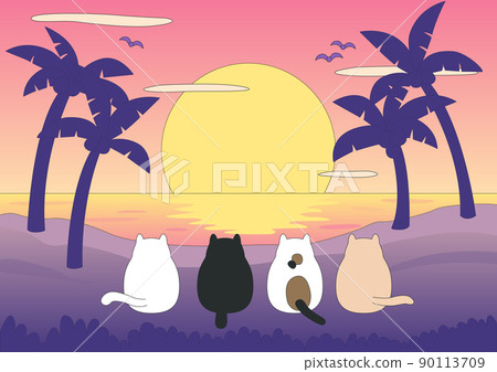 Cats watching the sunset - Stock Illustration [90113709] - PIXTA