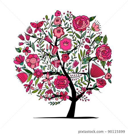 Floral tree concept isolated on white. Art for... - Stock Illustration ...
