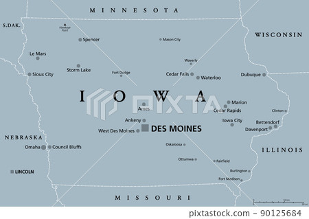 Iowa, IA, gray political map, with the capital... - Stock Illustration ...