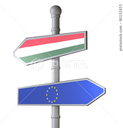 Crossroad sign with EU and Hungary flags....-插圖素材 [90132855] - PIXTA圖庫