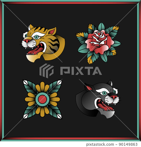 Traditional old school sticker set isolated on... - Stock Illustration ...