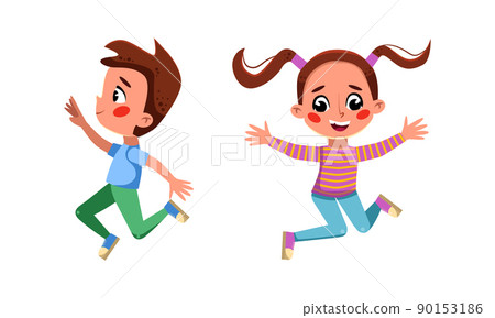 Happy boy and girl jumping. Funny kids having... - Stock Illustration ...
