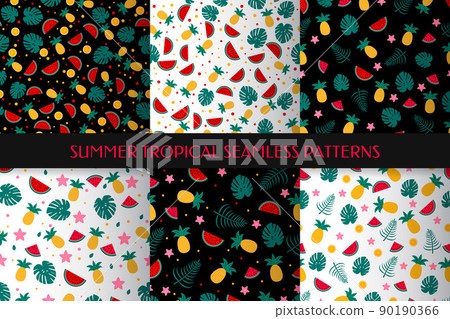 Summer tropical seamless pattern set. Seasonal... - Stock Illustration ...