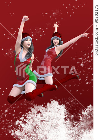 Cute ladies jumping in Christmas costumes - Stock Illustration ...