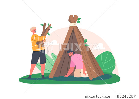 Kids Building Hut of Tree Branches, Boy and... - Stock Illustration ...