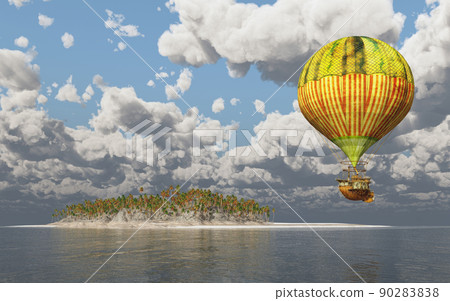 Fantasy hot air balloon over the sea with an... - Stock Illustration ...
