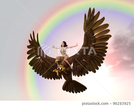 Woman on a huge flying golden eagle in sky in... - Stock Illustration ...