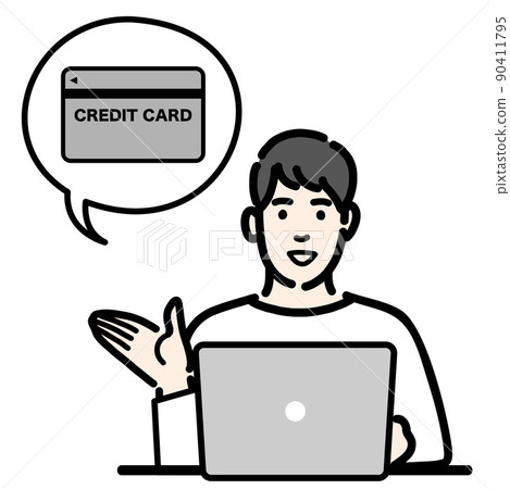 Young man explaining credit card in front of... - Stock Illustration ...