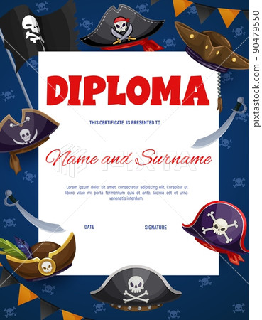 Kids pirate diploma, corsair sabers, tricorn... - Stock Illustration ...