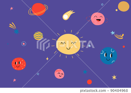 Cute planets set. Celestial objects with funny... - Stock Illustration ...