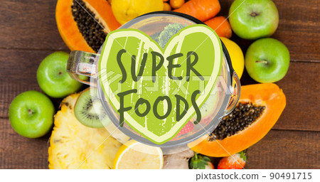 Super foods text banner against various fruits... - Stock Illustration ...