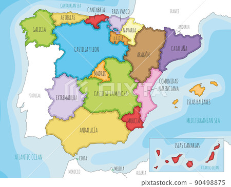 Vector illustrated map of Spain with regions... - Stock Illustration ...