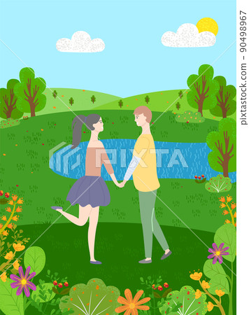 Cartoon People Walking in Forest Among Green Trees - Stock Illustration ...