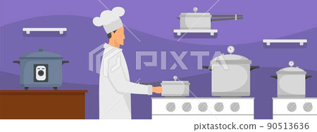 Chef at kitchen banner horizontal, flat style - Stock Illustration ...