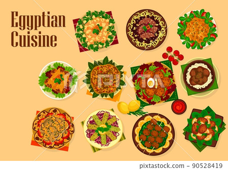 Egyptian cuisine meat and vegetable food,... - Stock Illustration ...