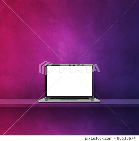 Laptop computer on purple shelf. Square background - Stock Illustration ...