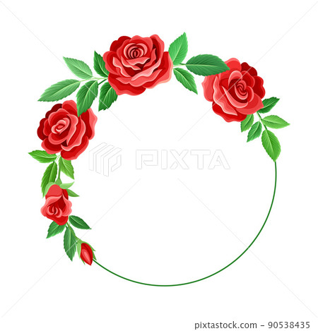 Round Rose Frame with Red Lush Bud and Green... - Stock Illustration ...