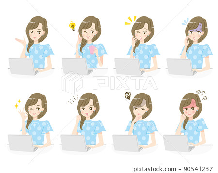 Facial expression set of a young woman working... - Stock Illustration ...