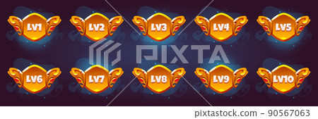 Game level golden badges with rating stars - Stock Illustration ...