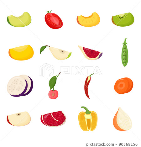 Set of half fruits and vegetables slices.... - Stock Illustration ...