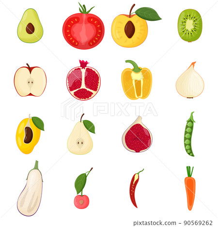 Set of half fruits and vegetables. Vegetarian... - Stock Illustration ...