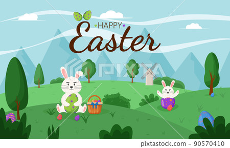 Happy Easter, spring landscape with cute Easter... - Stock Illustration ...