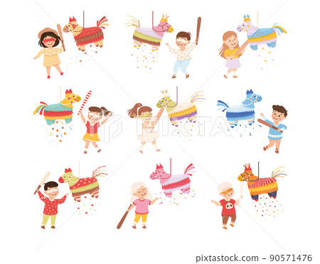 Funny Kids Striking and Hitting Pinata Hanging... - Stock Illustration ...