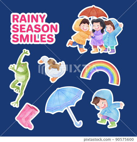 Sticker template with children rainy season...-插圖素材 [90575600] - PIXTA圖庫