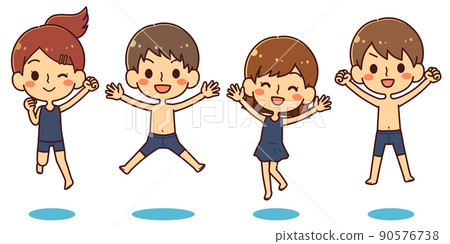 4 children in jumping swimsuits Illustration... - Stock Illustration ...