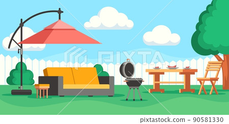 Backyard patio. Cartoon summer garden with... - Stock Illustration ...