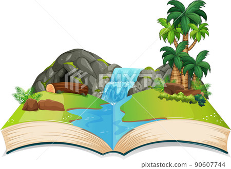 Book with waterfall and trees in the scene - Stock Illustration ...