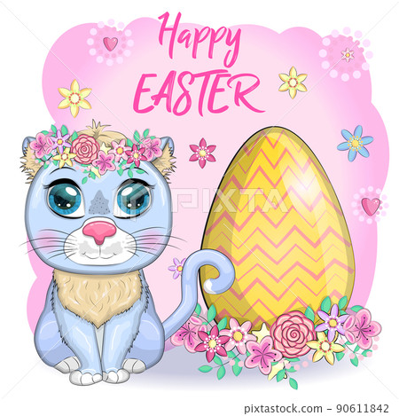 Cute cartoon Cat near a beautiful Easter basket...-插圖素材 [90611842 ...