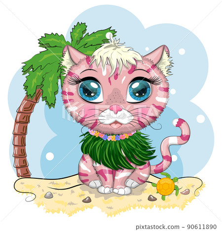Cartoon cat dressed as a hula dancer under the... - Stock Illustration ...