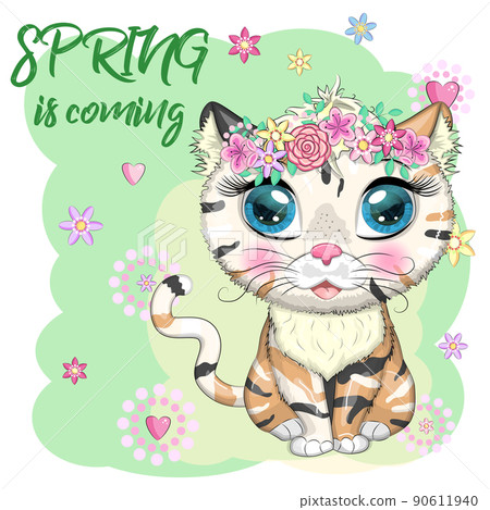 Cartoon cat with a wreath. Spring is coming.... - Stock Illustration ...