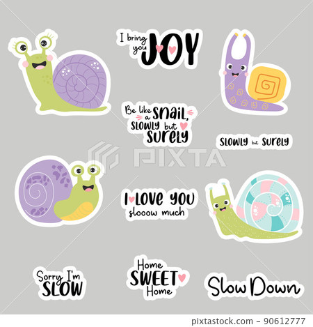 Set of stickers with cute snails and funny... - Stock Illustration ...
