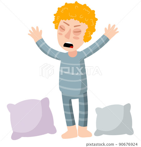 Child in pajamas. Red hair boy awake and yawning. - Stock Illustration ...
