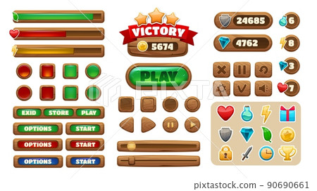 Cartoon game UI. Wooden interface buttons icons... - Stock Illustration [90690661] - PIXTA