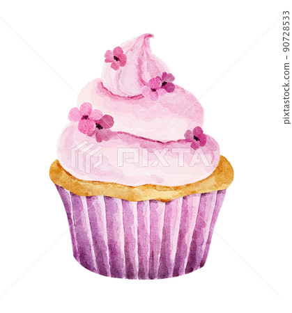 Watercolor delicious cupcake with small flowers... - Stock Illustration ...