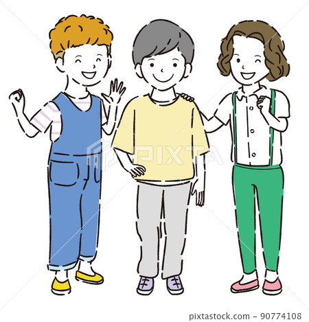 Line art color illustration 3 genderless children - Stock Illustration ...
