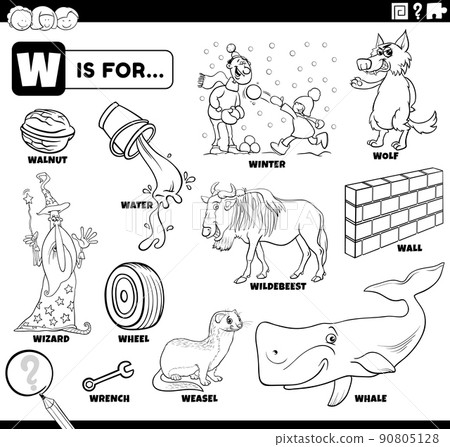 letter w words educational cartoon set coloring... - Stock Illustration ...