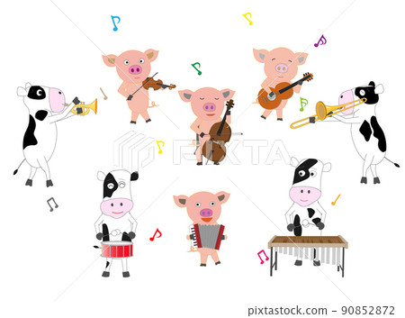Cows and pigs are singing songs and playing... - Stock Illustration ...