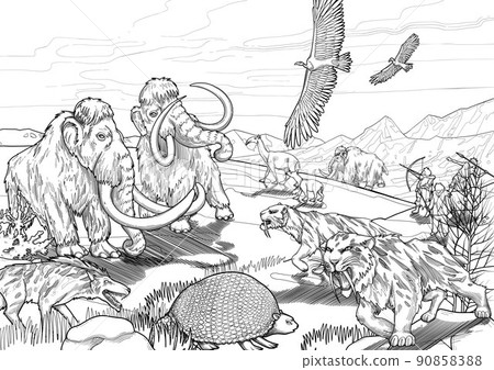 Graphic scene of cavemen hunting on prehistoric... - Stock Illustration ...