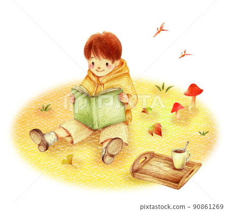 A boy sitting with his legs spread out reading... - Stock Illustration ...