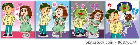 A four-frame cartoon of a woman who is swayed... - Stock Illustration ...