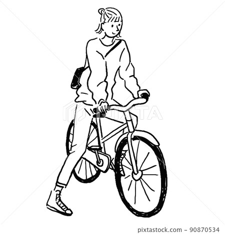 Female line drawing vector riding a bicycle - Stock Illustration ...