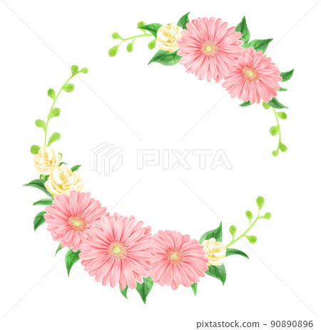 Gerbera (pink) white mini rose circular frame - Stock Illustration ...