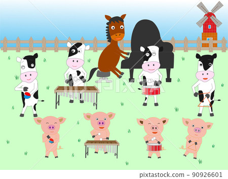 Horses, cows and pigs sing songs and play... - Stock Illustration ...