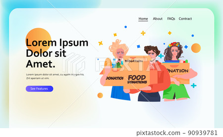 volunteers giving help boxes with food to... - Stock Illustration ...