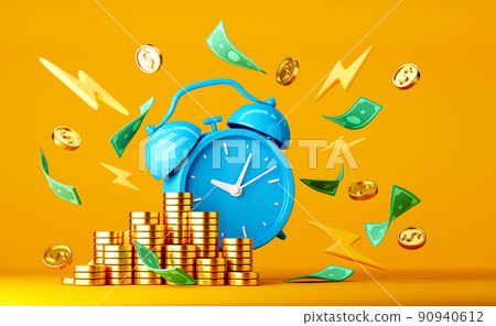 Blue alarm clock with floating bills and coins... - Stock Illustration ...